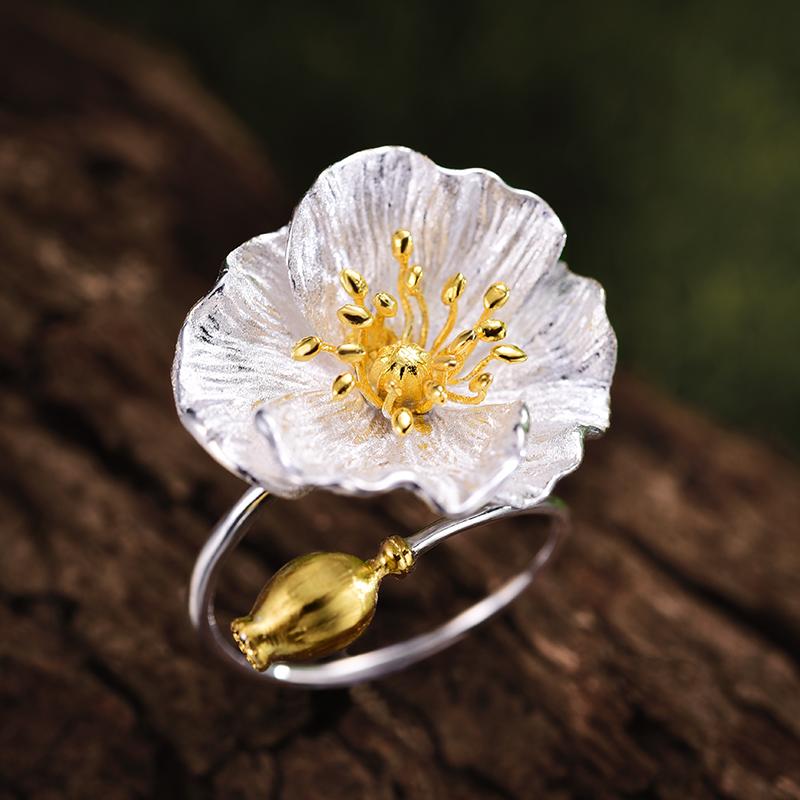 Blooming Poppy Sterling Silver Ring | Floral Fawna