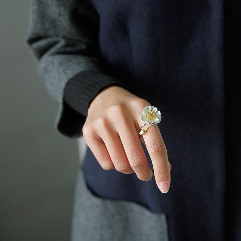 Blooming Poppy Sterling Silver Ring | Floral Fawna